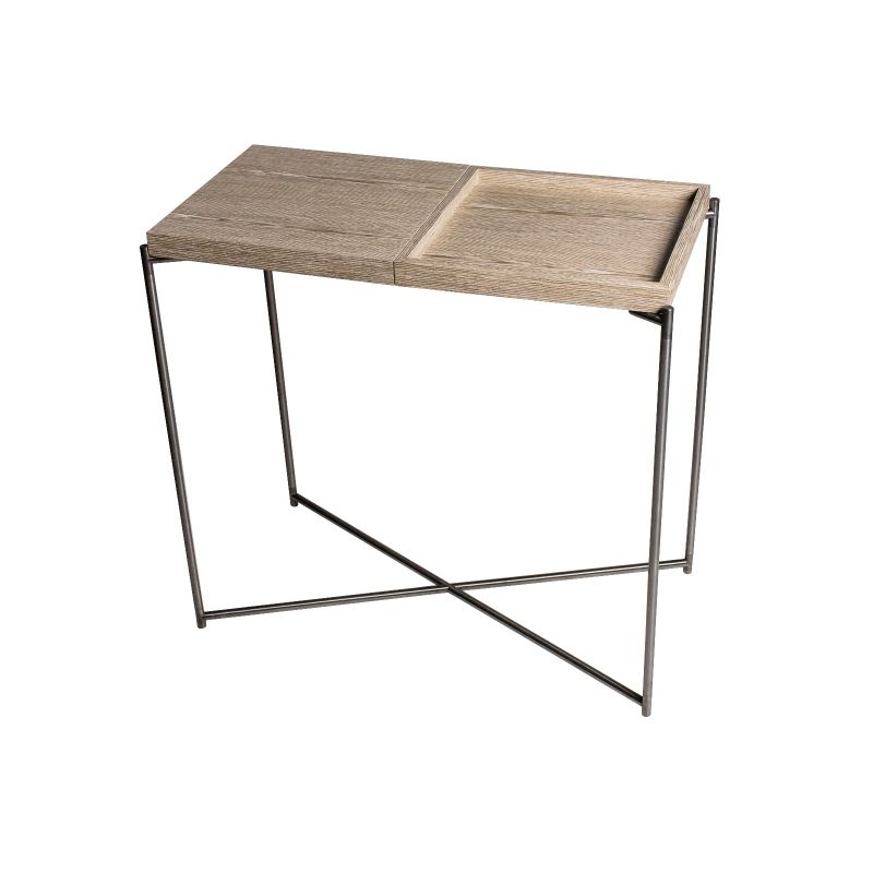 Iris Console Table | Oak Top & Tray, Gun Metal Frame