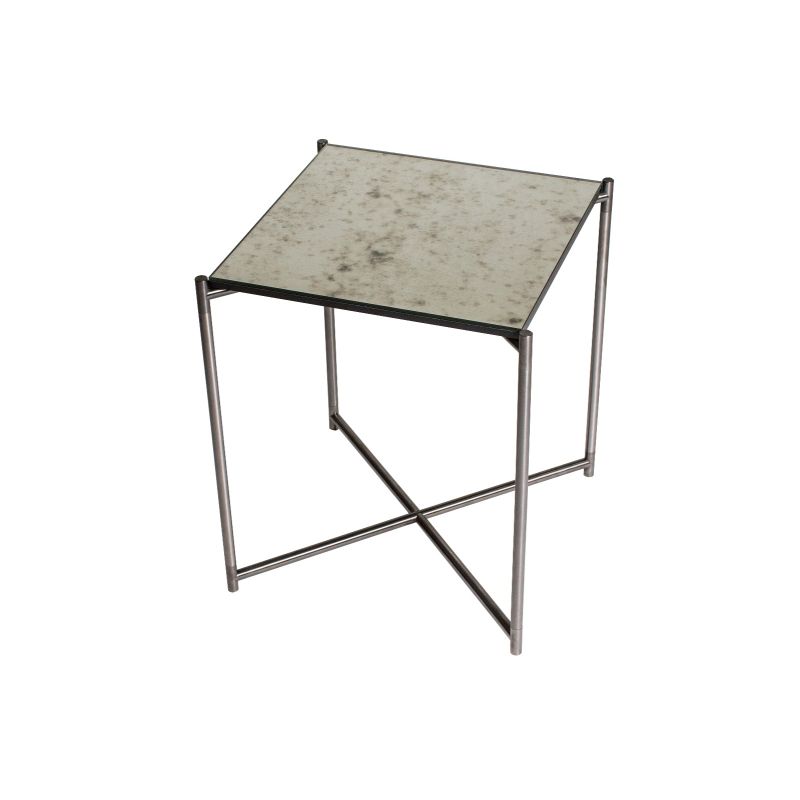 Square Side Table | Antiqued Glass Top & Gun Metal Frame