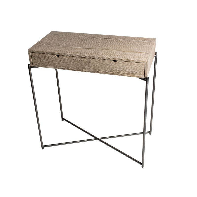 Small Oak Console Table With Drawer | Gun Metal Frame