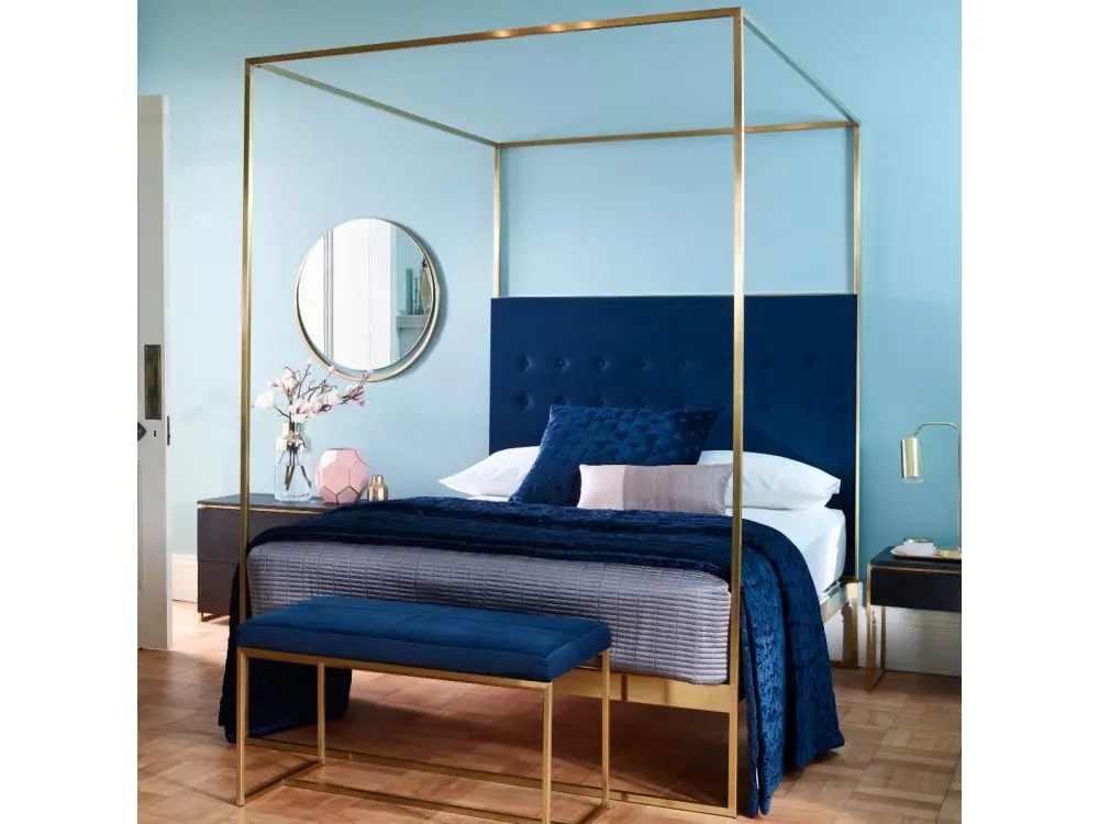 Federico King Canopy Bed Brass Frame Canopy Blush Upholstered Headboard